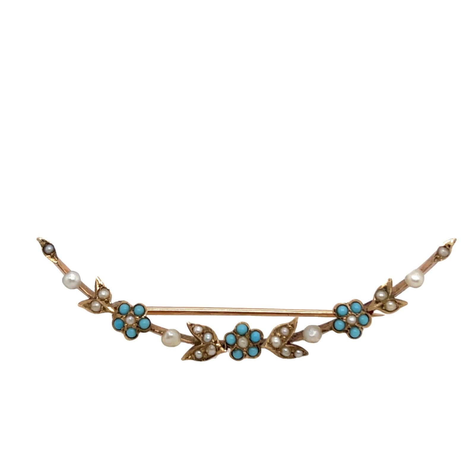 Vintage Seed Pearl & Turquoise Brooch, Set in 9ct Yellow Gold ...